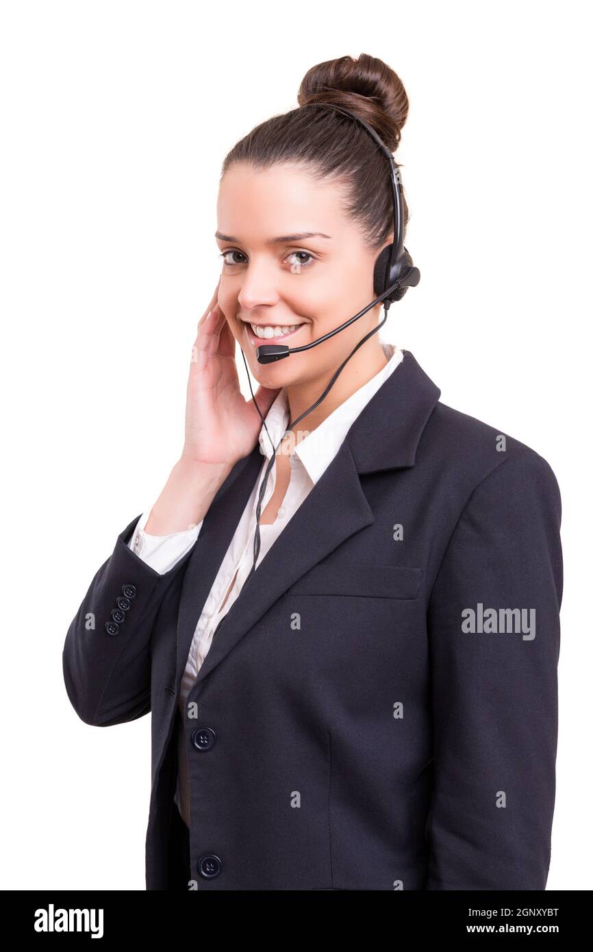 A friendly telephone operator smiling isolated over a white background ...