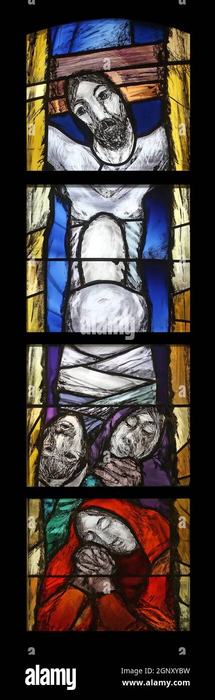 Crucifixion, stained glass window by Sieger Koder in Saint James church ...