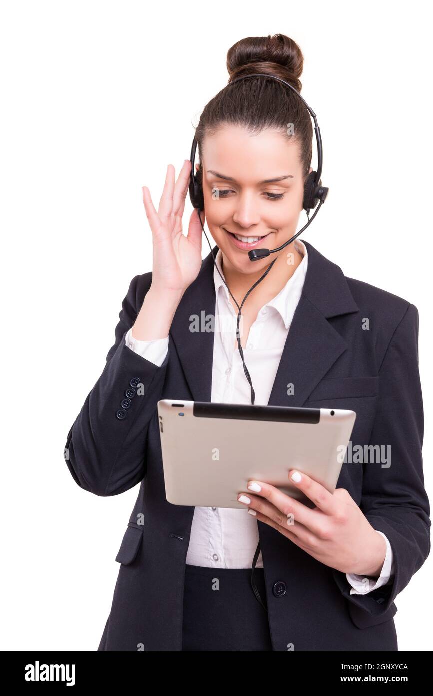 A friendly telephone operator smiling isolated over a white background ...