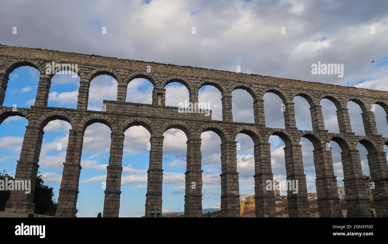 Roman aqueduct in Segovia, Spain. Famous Romanesque architecture is ...