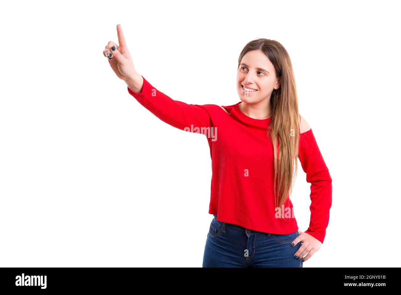 Business woman pressing key, isolated over white Stock Photo - Alamy