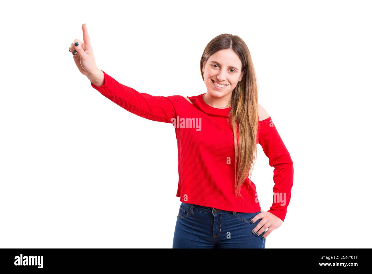 Business woman pressing key, isolated over white Stock Photo - Alamy