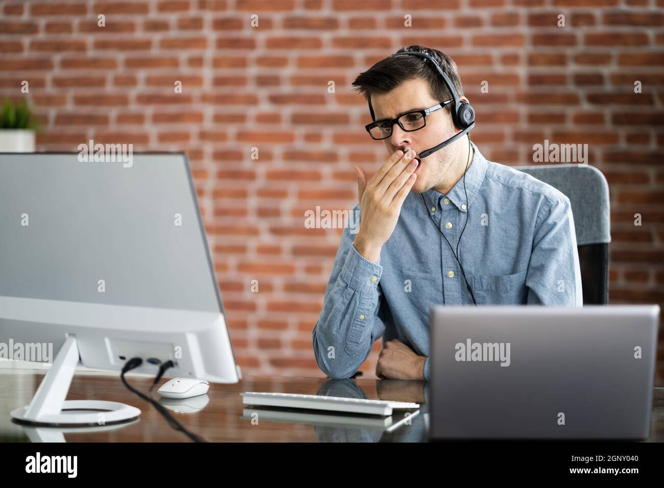 Sleepy Employee Person Portrait In Video Conference Call Stock Photo ...
