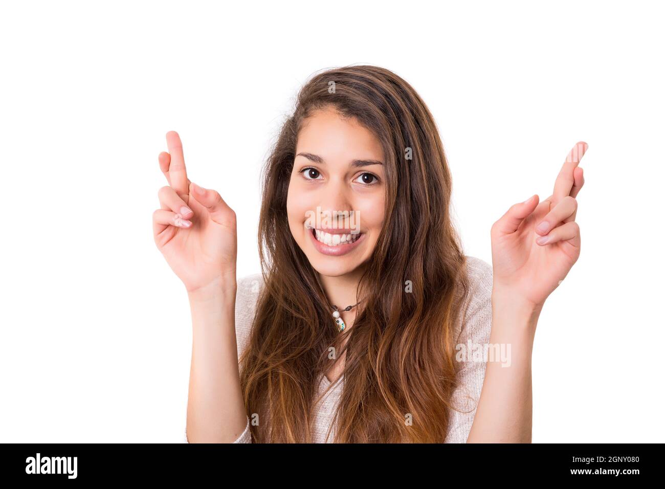 Woman with crossed fingers, isolated over a white background Stock ...