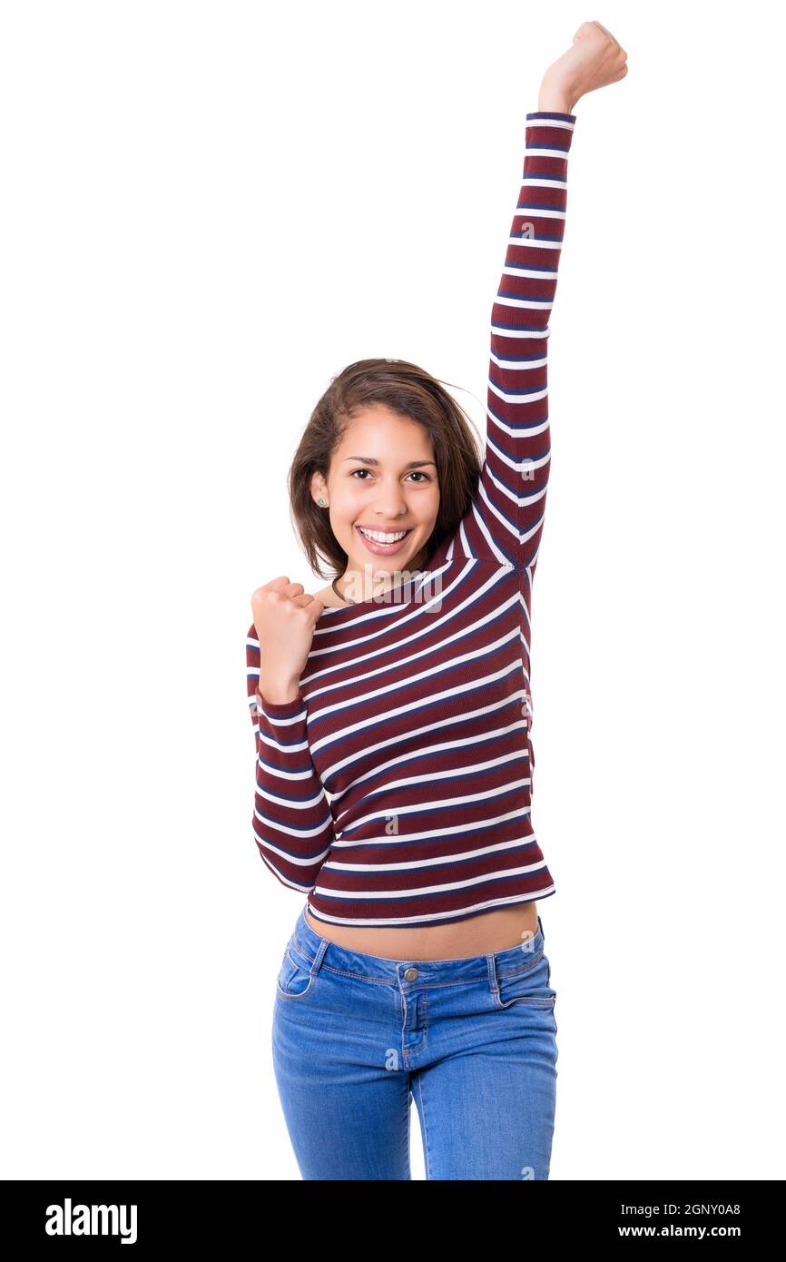 Studio shot: Happy woman with raised arms Stock Photo - Alamy