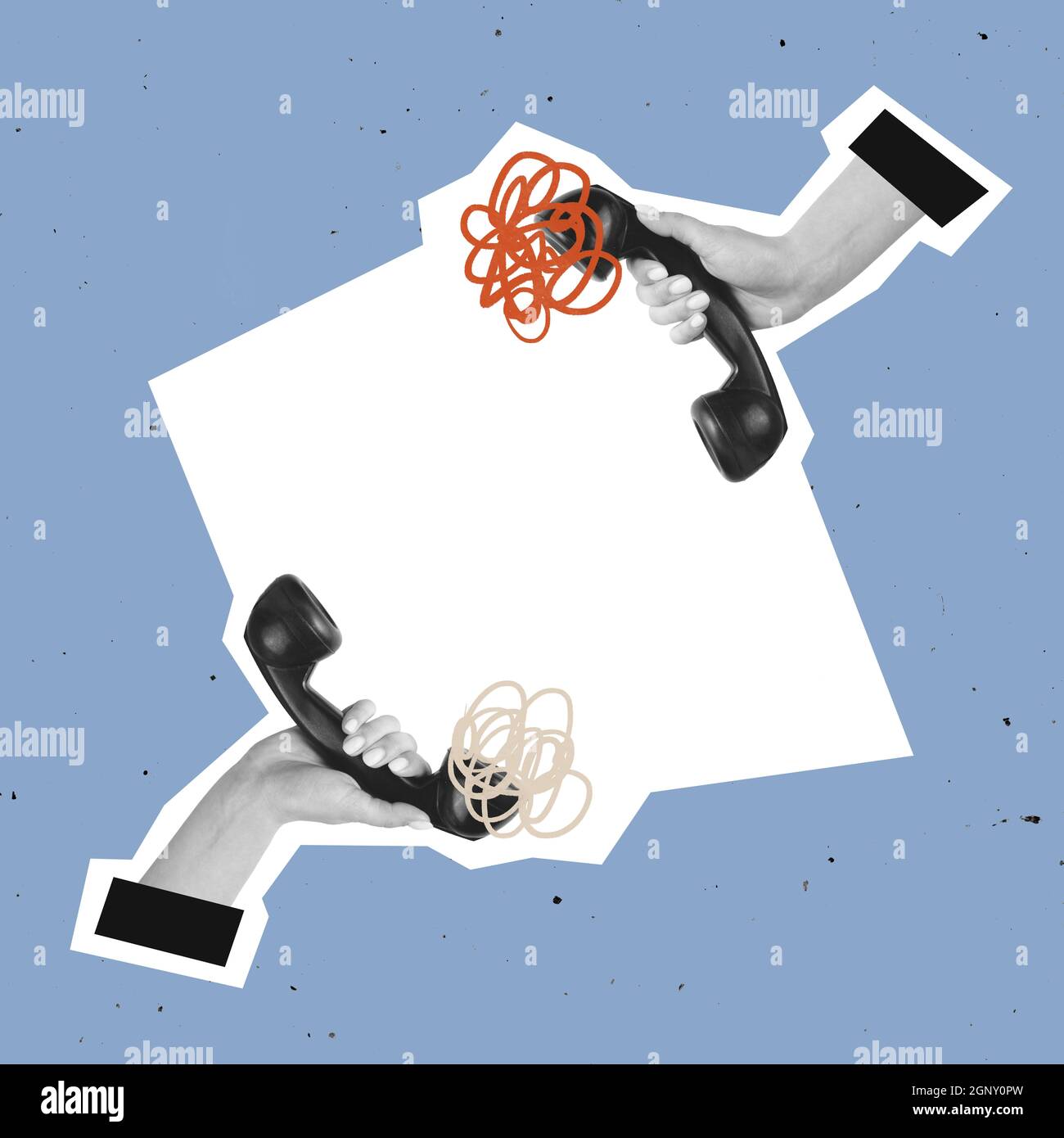 Contemporary art collage of human hands holding phones with cut wires ...