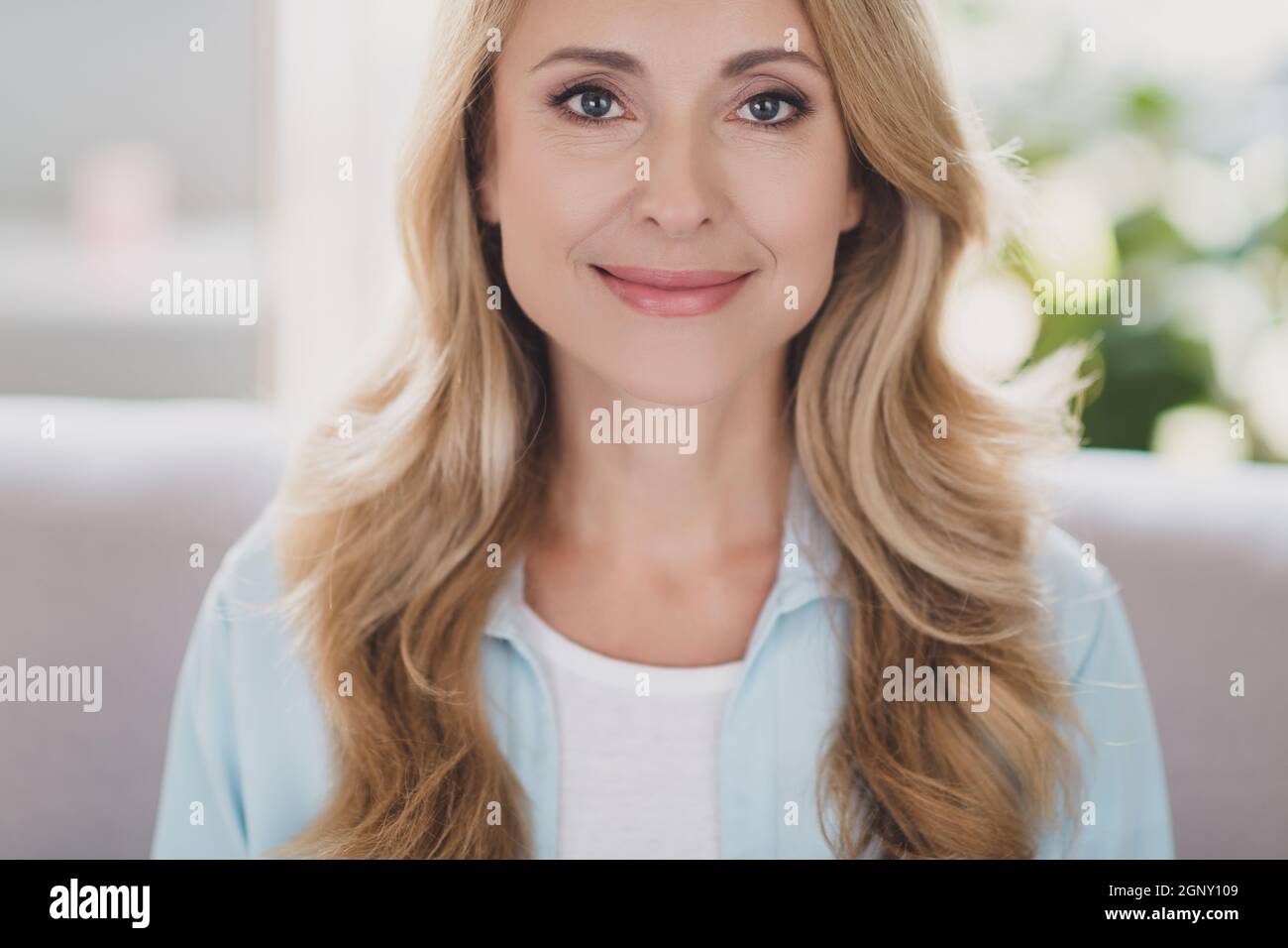 Cropped photo of cheerful positive dream lady look camera smile wear ...