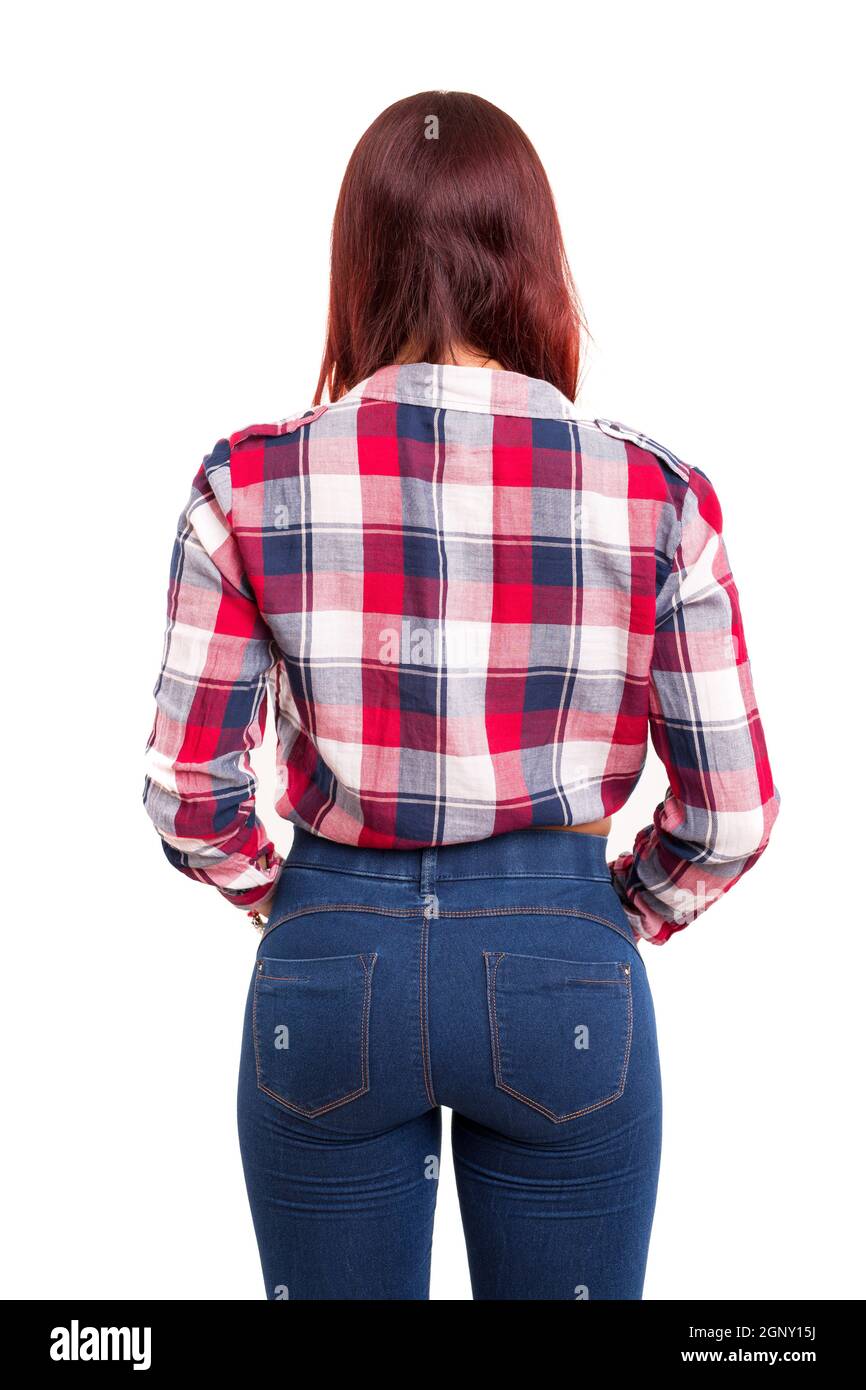 Woman posing with her back faced to camera, isolated over copy space ...