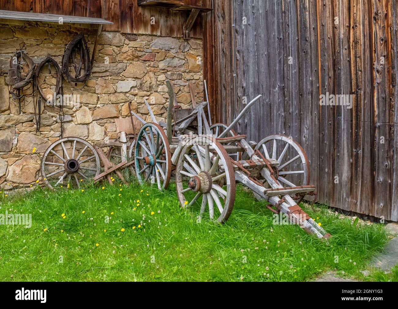 historic agricultural equipment including a rundown hay wagon seen in ...
