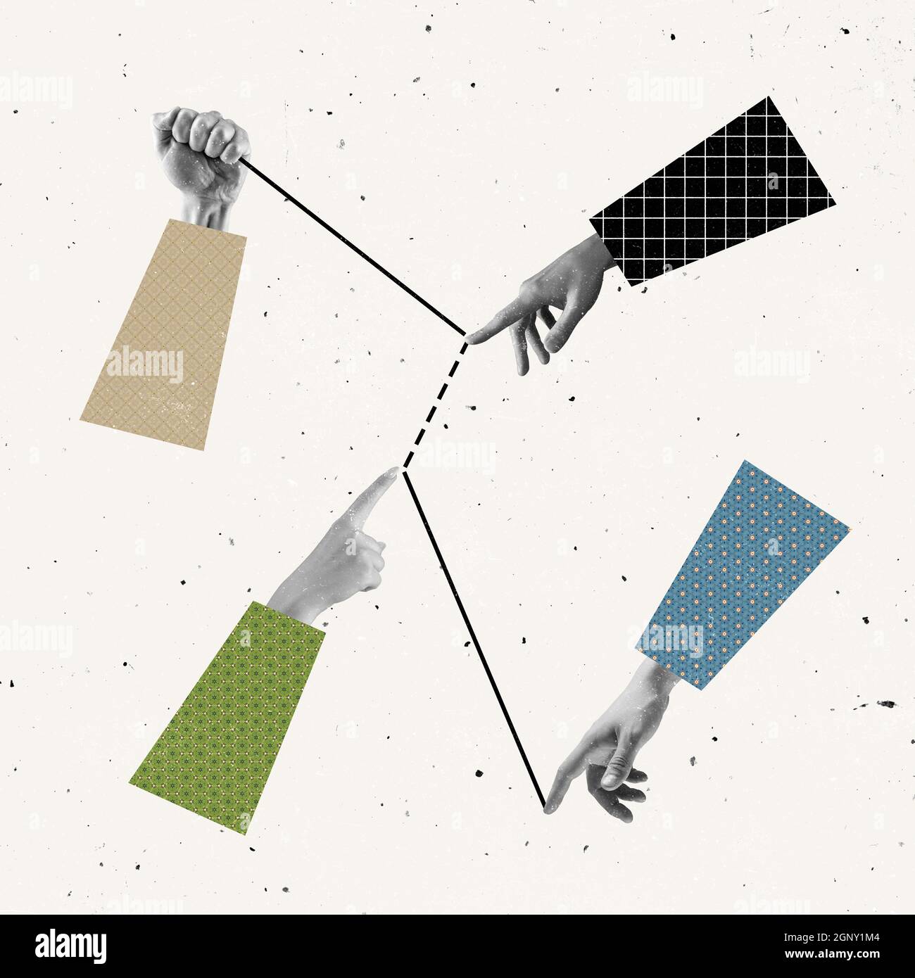 Contemporary art collage of human hands drawing graph. Team work ...