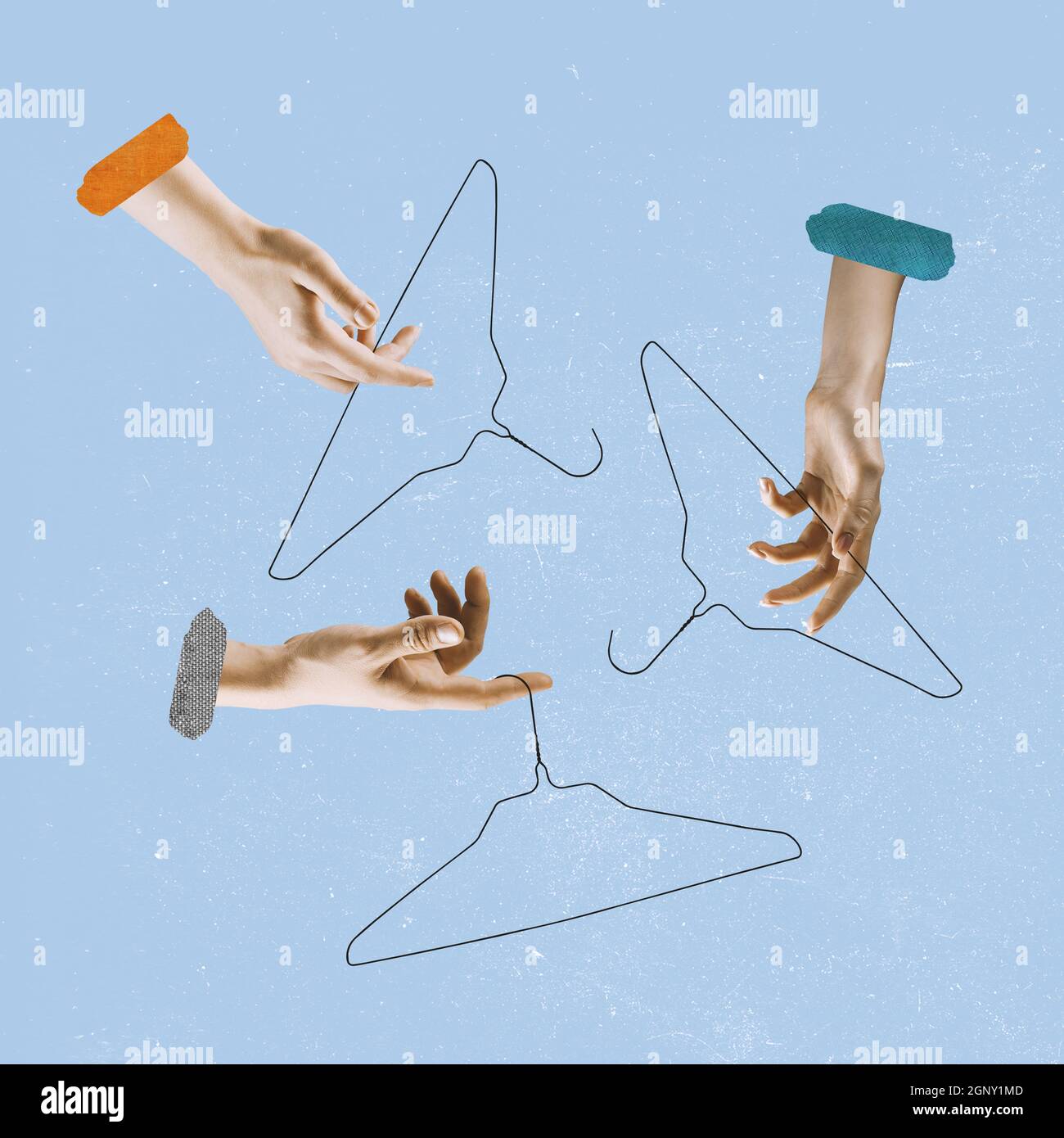 Contemporary art collage of human hands holding clothes hangers ...