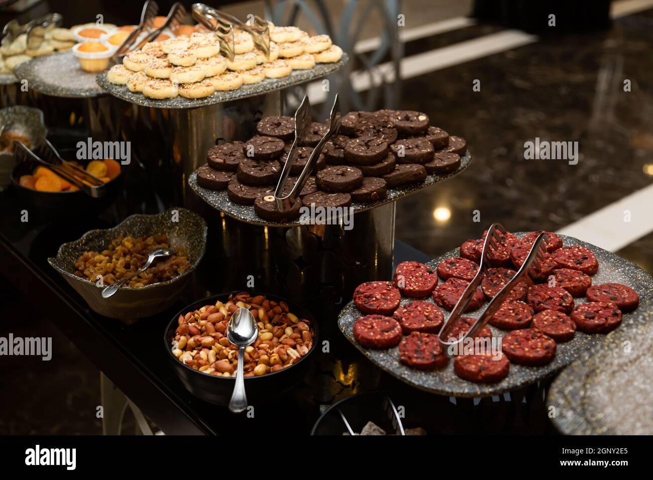 Buffet table with various cookies and biscuits, tarts and cakes Stock ...