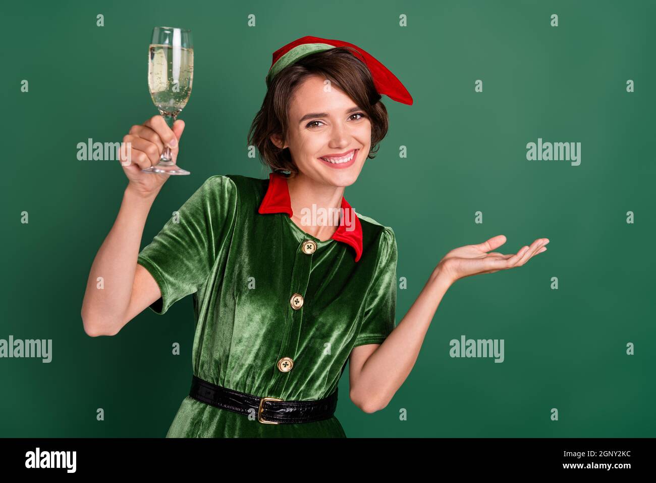 Photo of cheerful lady drink champagne congratulations event wear elf ...