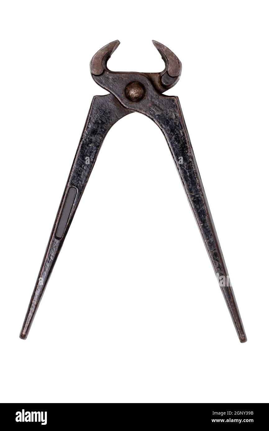 Carpenter tools isolated. Old open rusty pinching pliers to used for ...