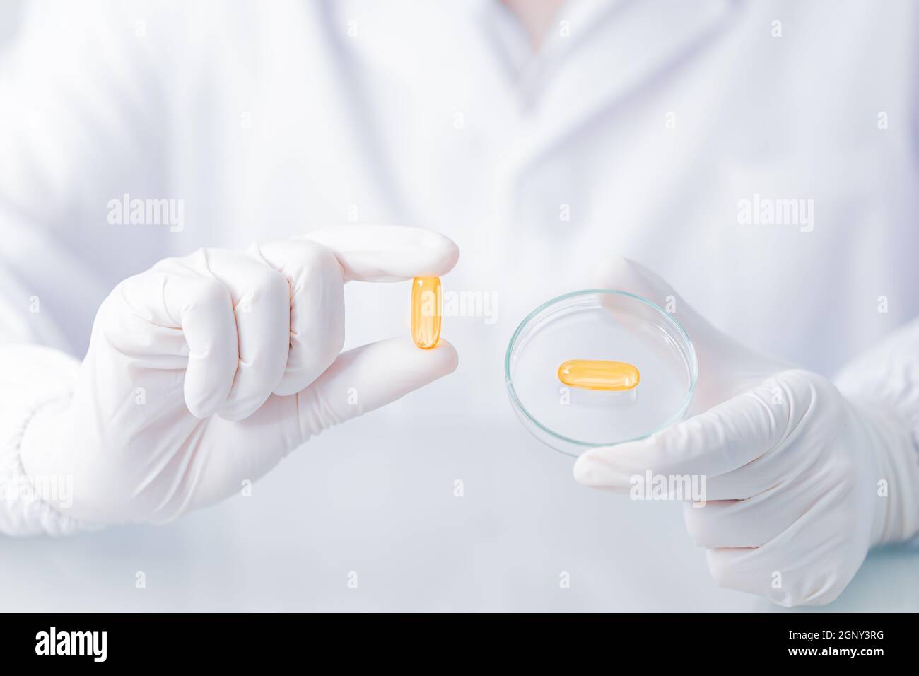 Close up Scientist hands putting in nitrile latex gloves holding ...
