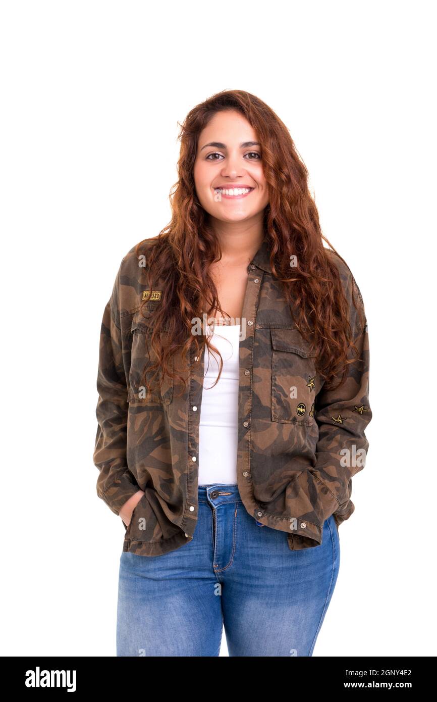 Happy overweighted woman posing isolated over white background Stock ...