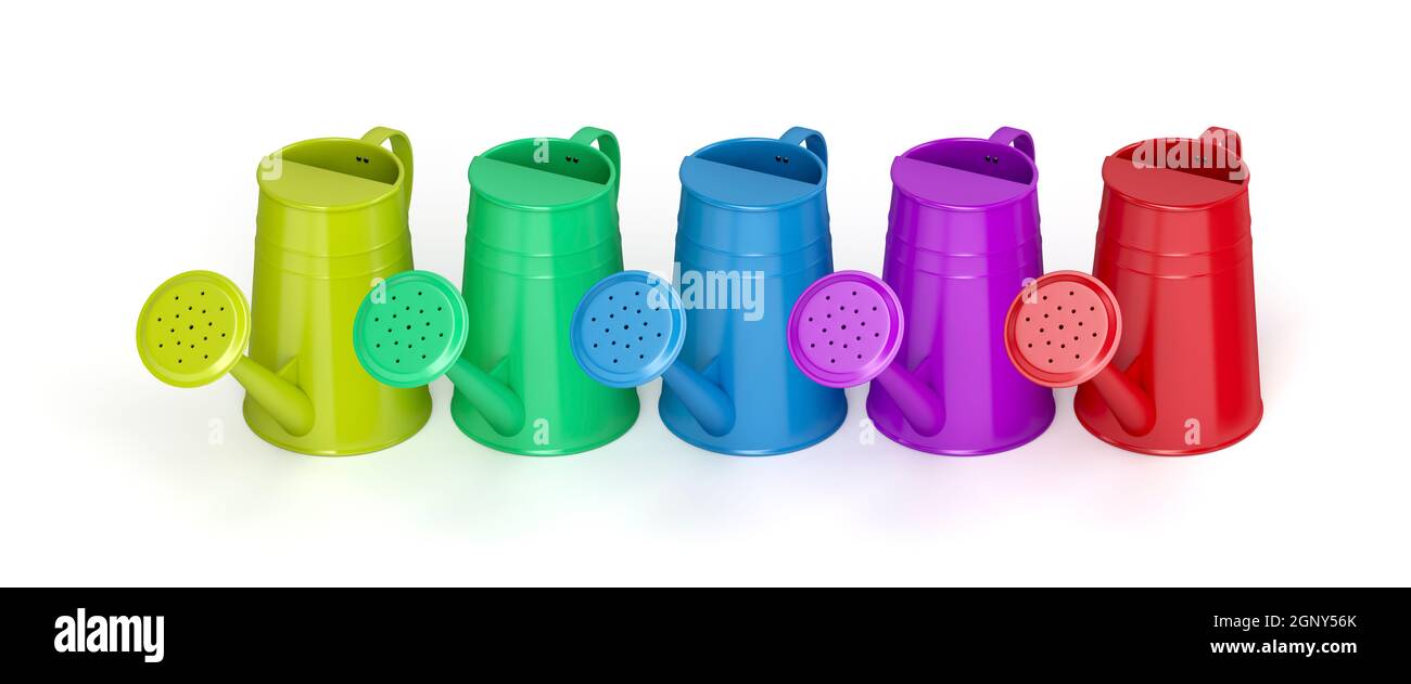 Row with colorful watering cans on white background Stock Photo - Alamy