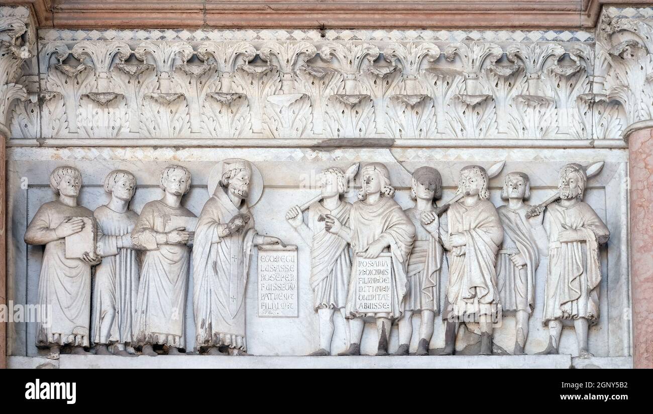 The right portal of the Cathedral of St Martin in Lucca. Lunette ...