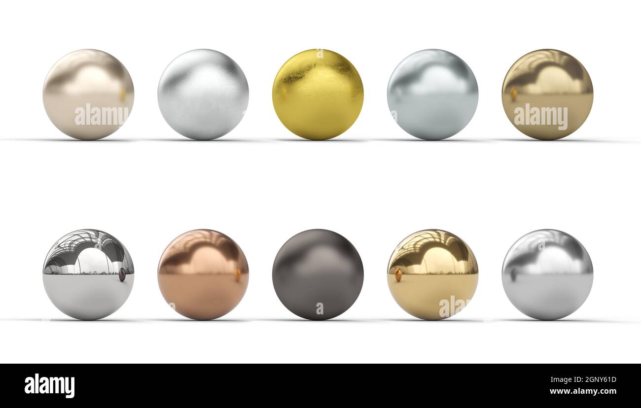 different metallic spheres, gold, copper, steel, iron, bronze. 3d ...