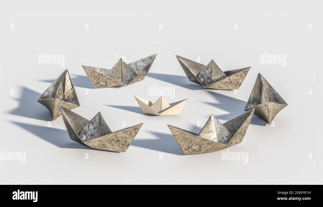 origami paper boat surrounded by metal boats. concept of strength and ...