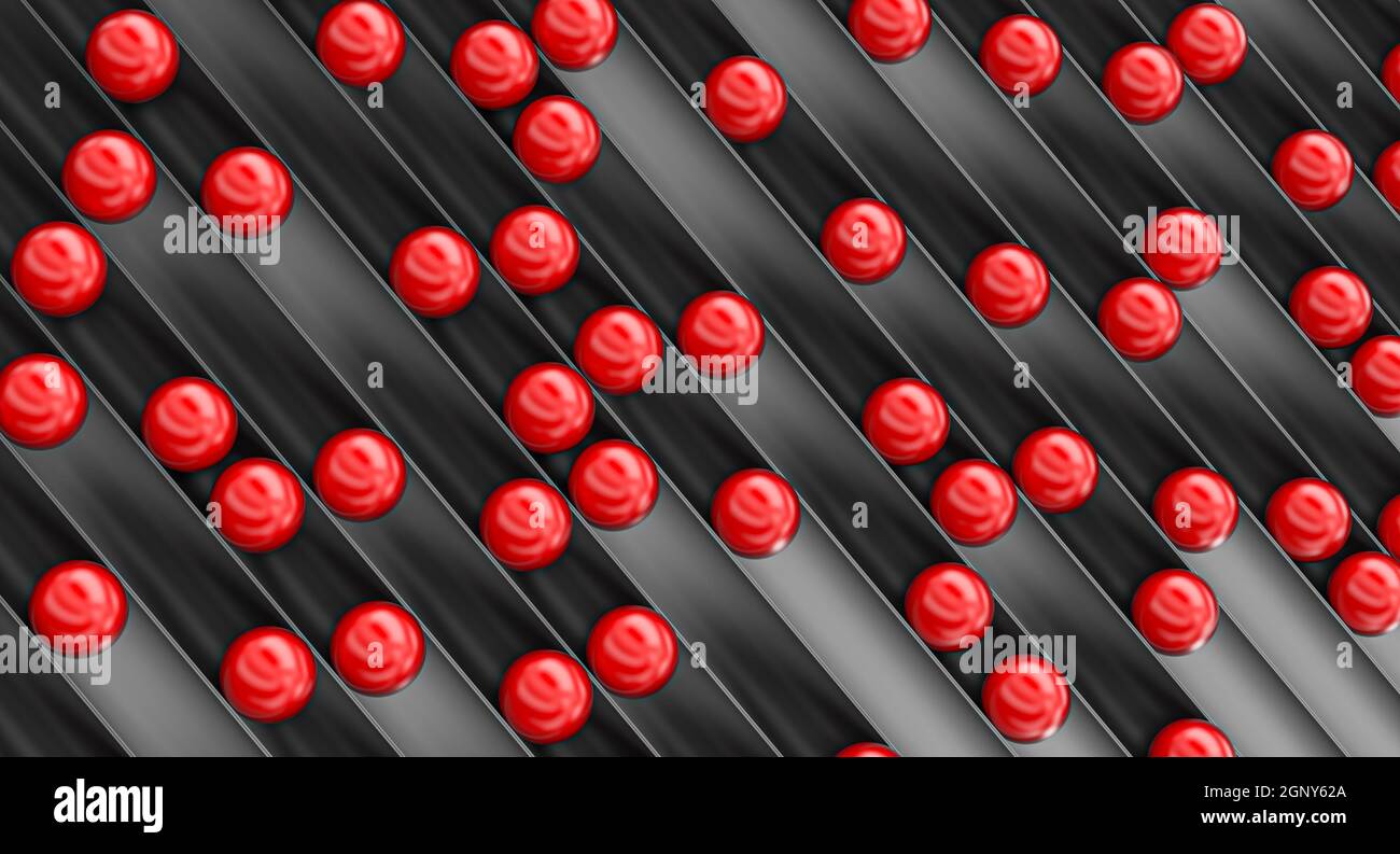 geometric abstract background of red spheres on black half tubes. 3d ...