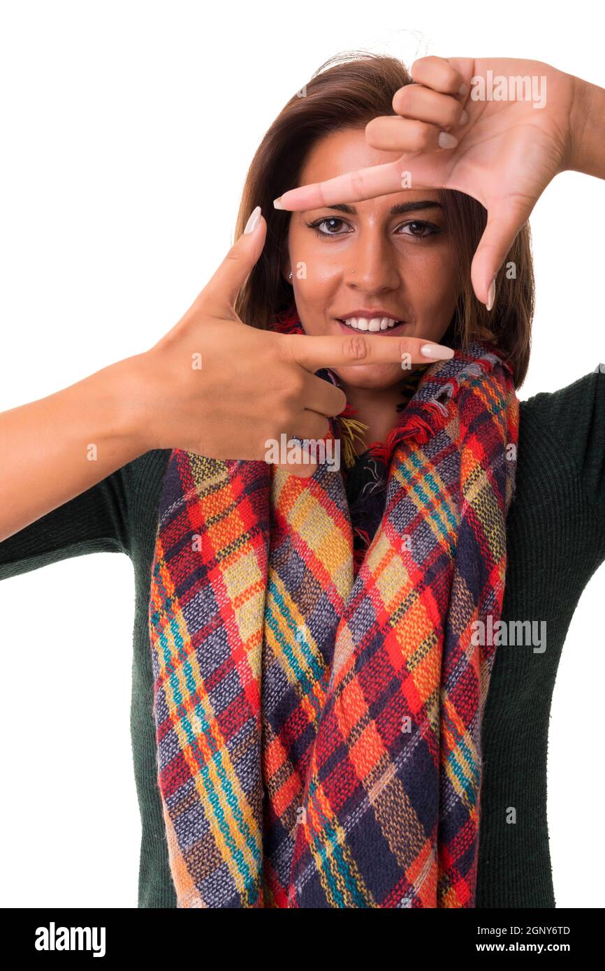 Young woman making framing key gesture - isolated over white Stock ...
