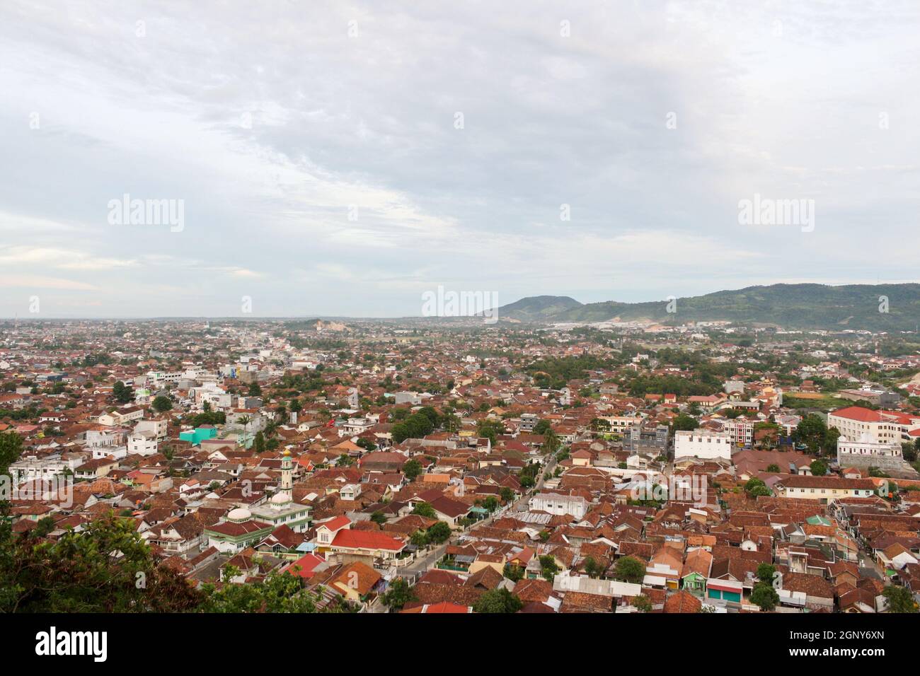 Aerial view of dense city and population of Bandar Lampung cityscape ...