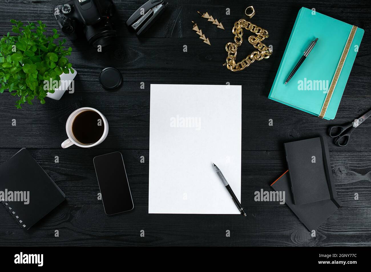 Flat lay, top view office table desk frame. Workspace with clean sheet ...