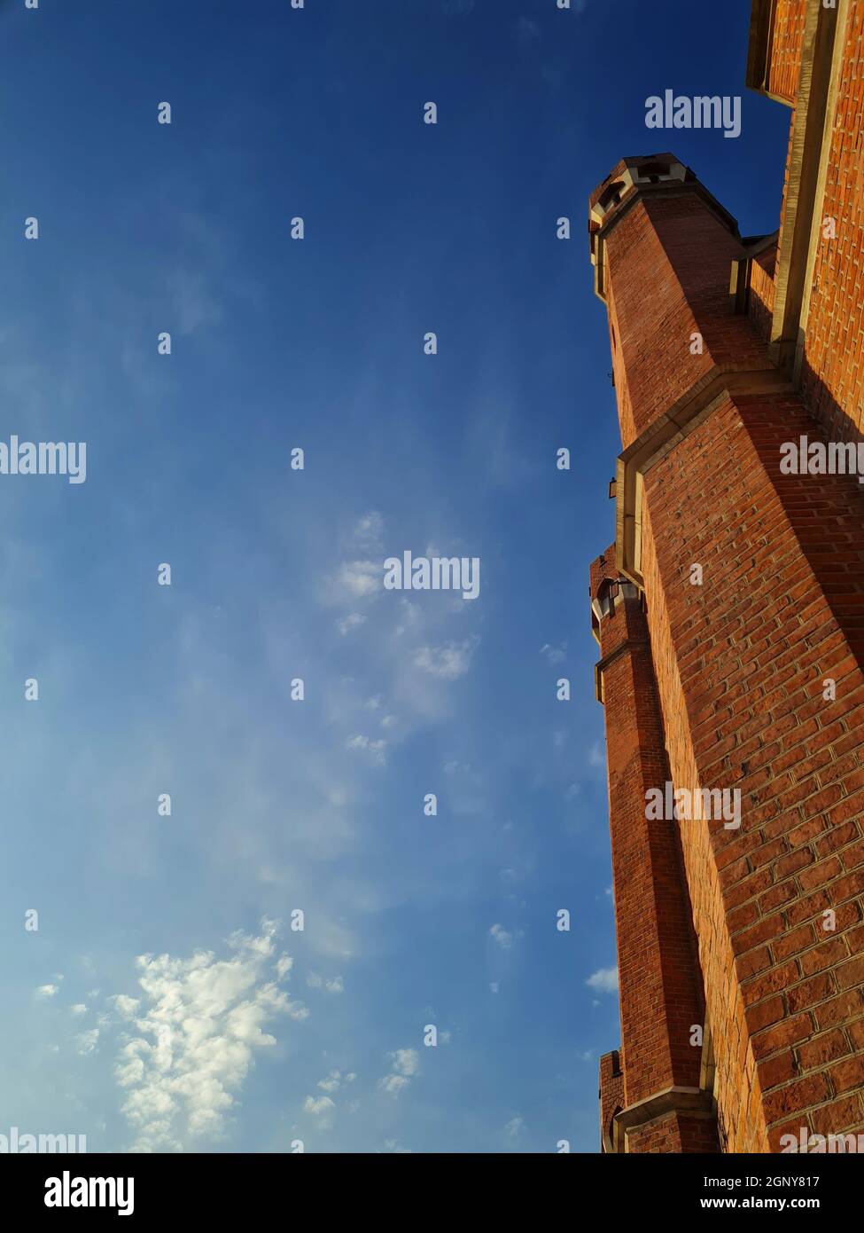 medieval towers closeup view on blue sky background with copy space ...