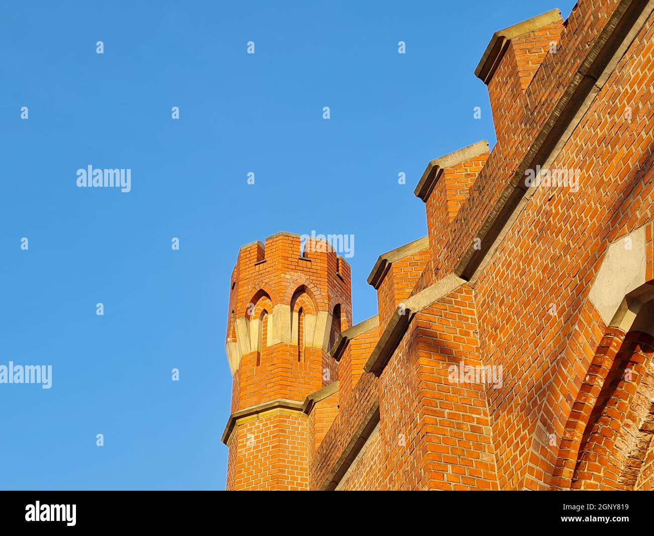 medieval towers closeup view on blue sky background with copy space ...