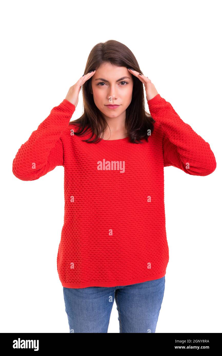 Young woman with a strong headache, isolated over white background ...