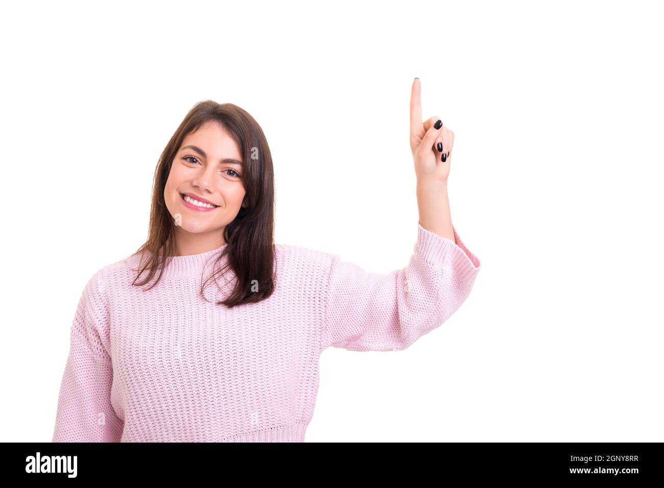 Business woman pressing key, isolated over white Stock Photo - Alamy