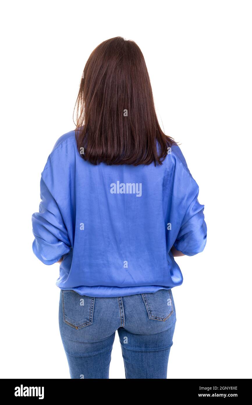 Woman posing with her back faced to camera, isolated over copy space ...