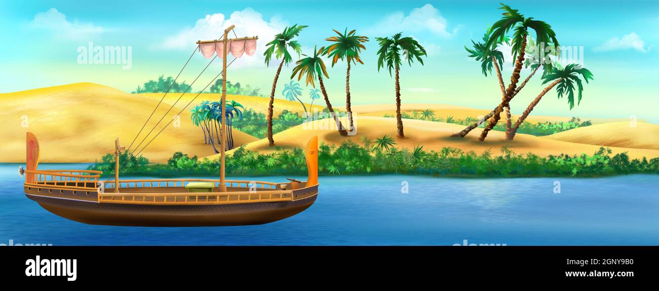 Ancient papyrus boat on the banks of the Nile river in Egypt on a sunny ...