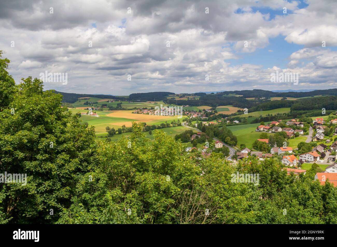 sunny aerial scenery around Falkenstein castle in the Bavarian Forest ...