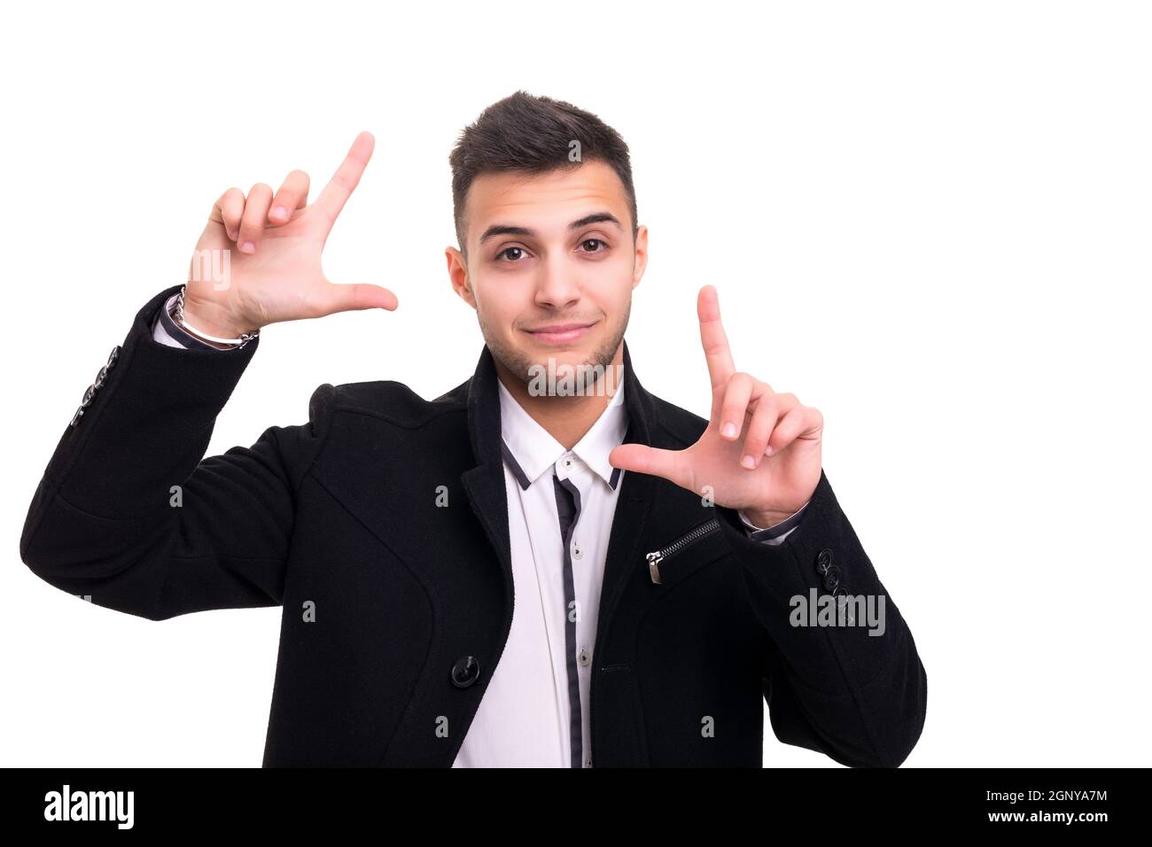 Happy young man framing photography, isolated over white Stock Photo ...