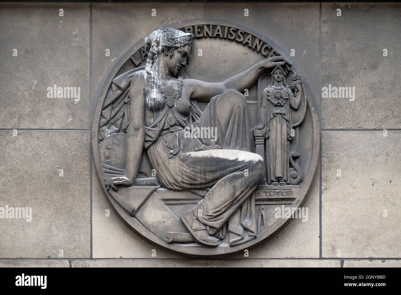 Stone relief with the Renaissance symbol at the building of the Faculte ...