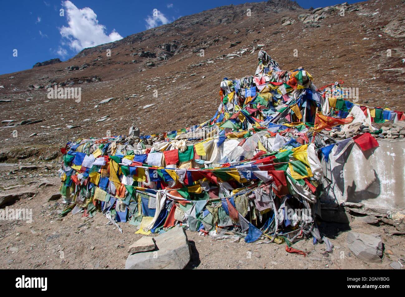 Prayer flags and shrine in the High Altitude and remote Himalayan ...