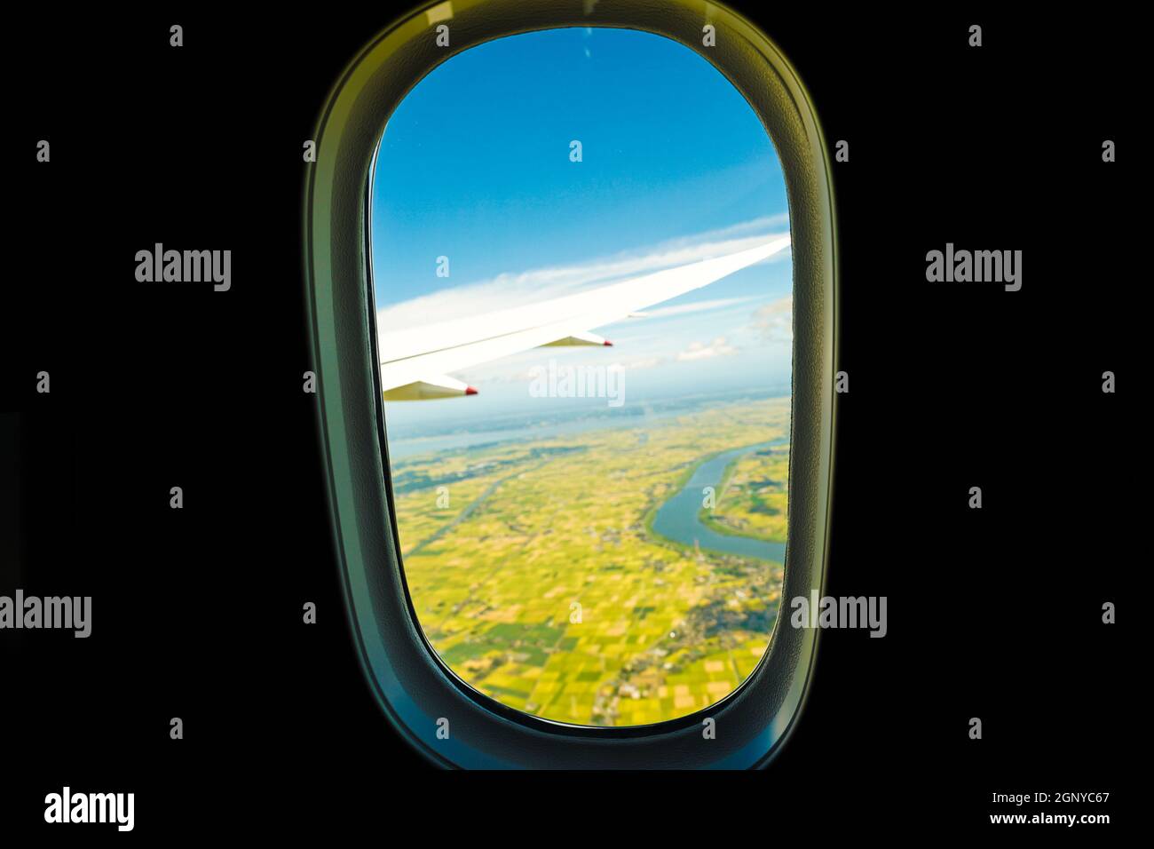 Landscape seen from the window of an airplane. Shooting Location: Tokyo ...