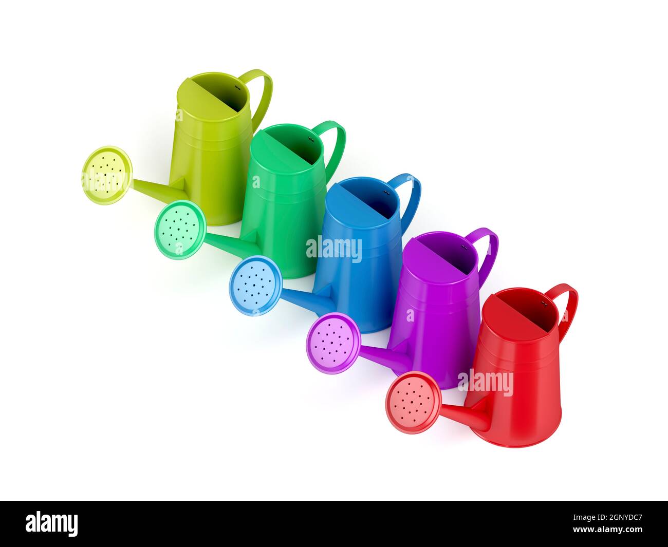 Colorful watering cans on white background Stock Photo - Alamy