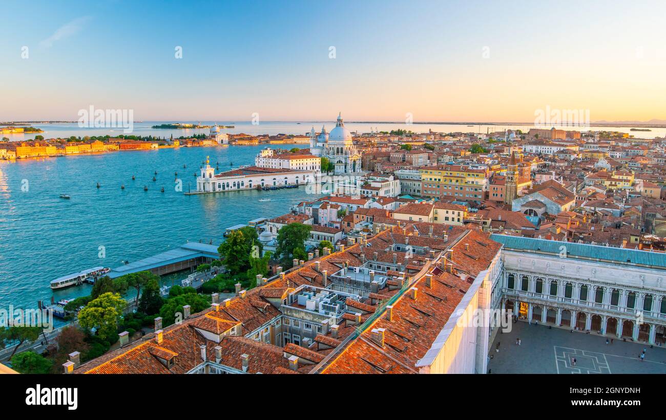 Cityscape of Venice skyline from top view in Italy at sunset Stock ...
