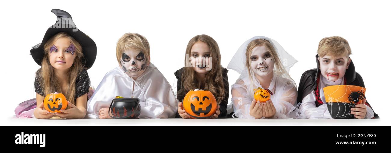 Group of children in fancy Halloween costume dress isolated on white ...