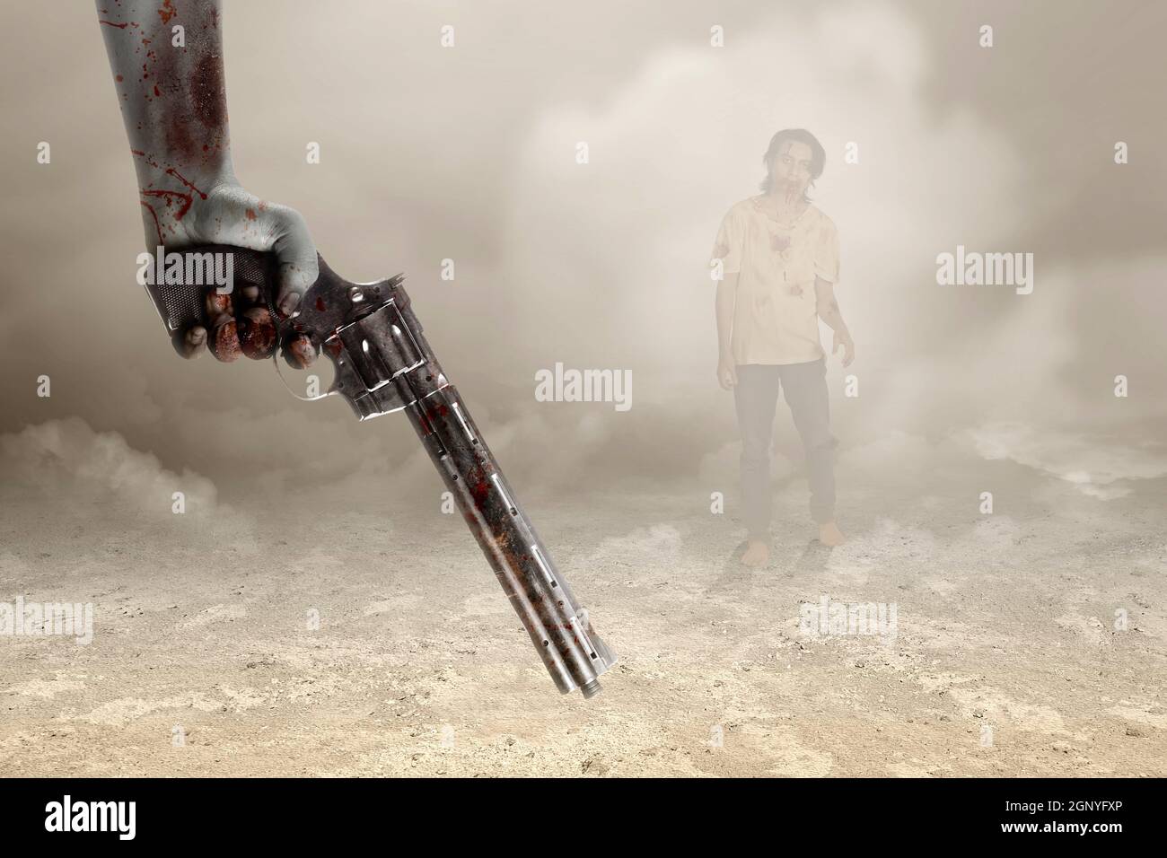 Zombie hands with wound holding a gun with foggy background Stock Photo ...