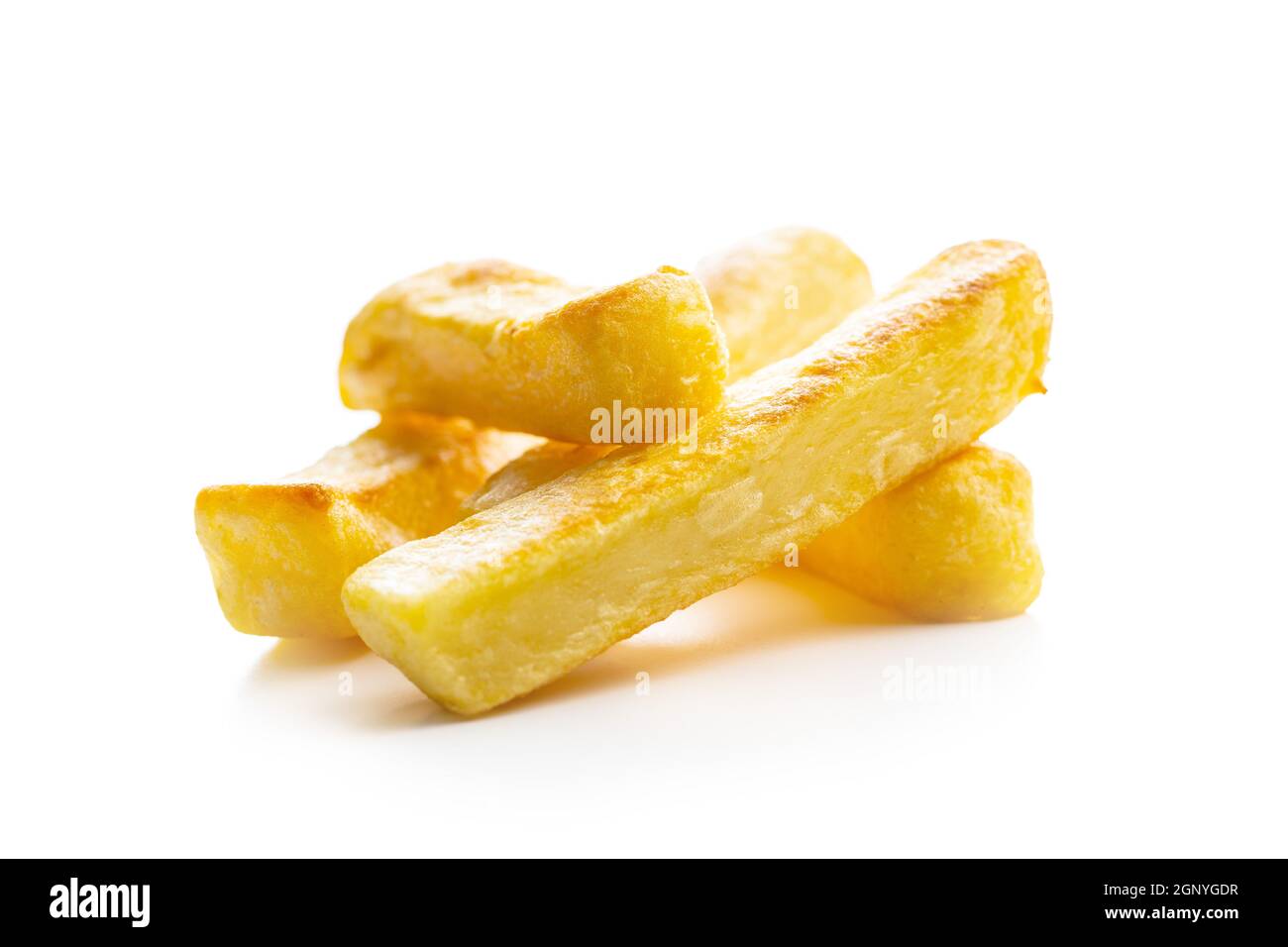 Big french fries. Fried potato chips isolated on white background Stock ...