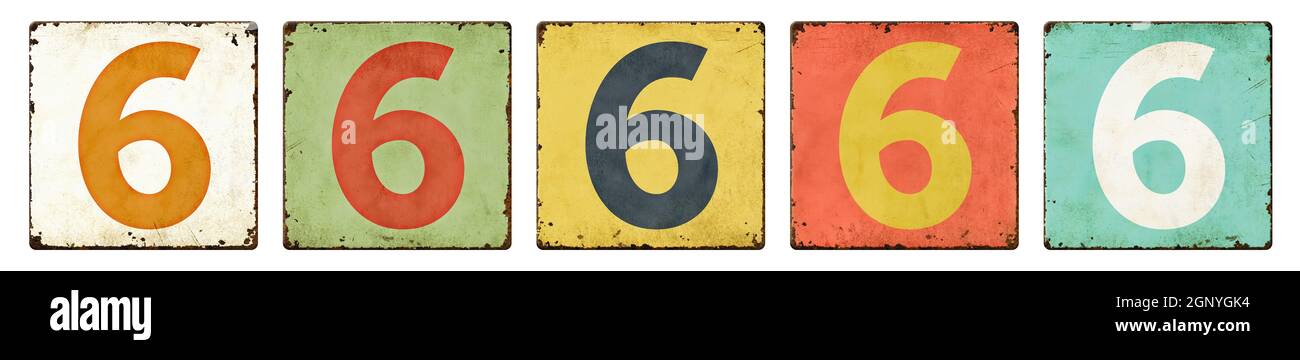 Five vintage tin signs on a white background - Number 6 Stock Photo - Alamy