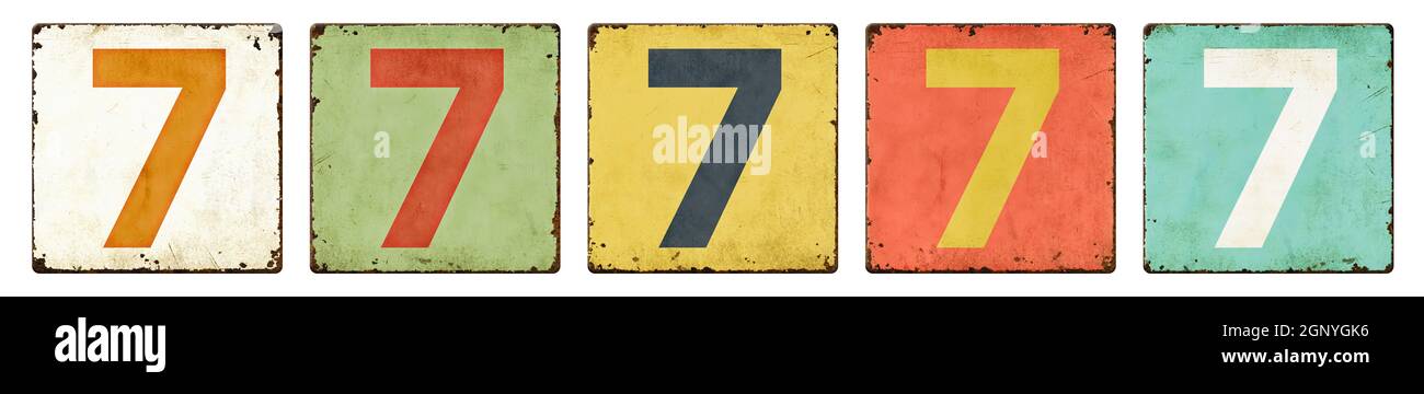 Five vintage tin signs on a white background - Number 7 Stock Photo - Alamy