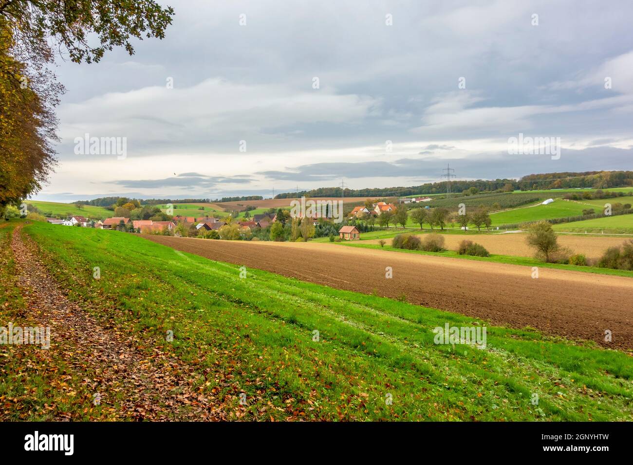 rural scenery including a small village at autumn time in Southern ...