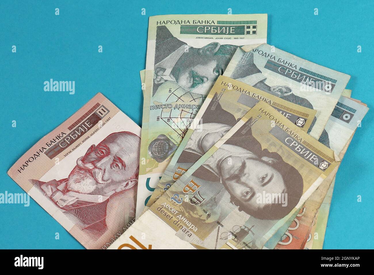2021 current Serbian dinar paper money bank notes on blue background ...