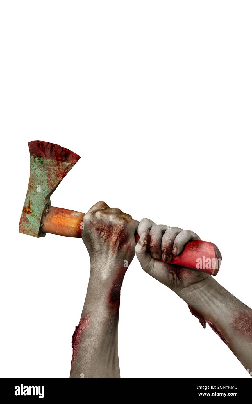 Zombie hands with wound holding ax isolated over white background Stock ...