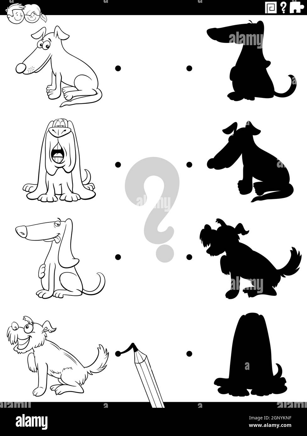 shadow task with funny cartoon dogs coloring book page Stock Vector ...